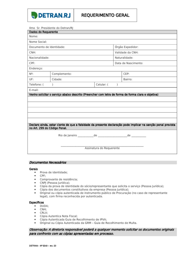 DETRAN 0049 Requerimento Geral | PDF | Direito