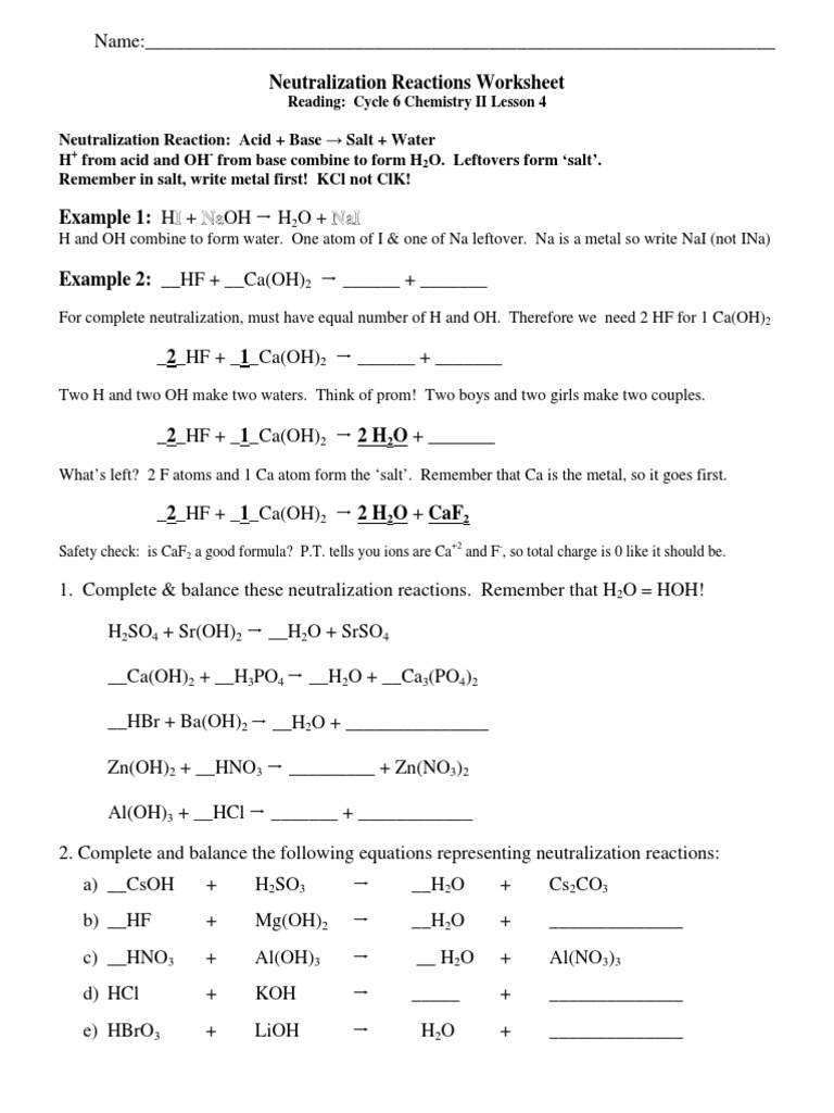 Worksheet 3 Neutralization Reactions | PDF