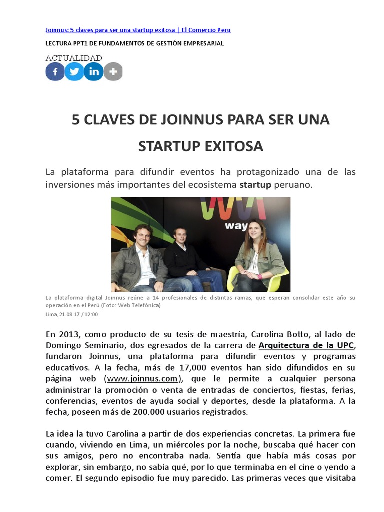 Lectura ppt 1 - 5 claves de Joinnus | PDF | Empresa de inicio | Pequeñas empresas y emprendedores