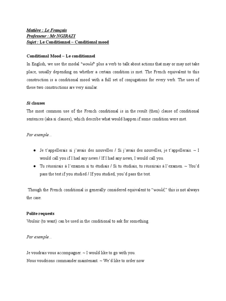 Conditional Mood - Le Conditionnel | PDF | Grammatical Conjugation ...