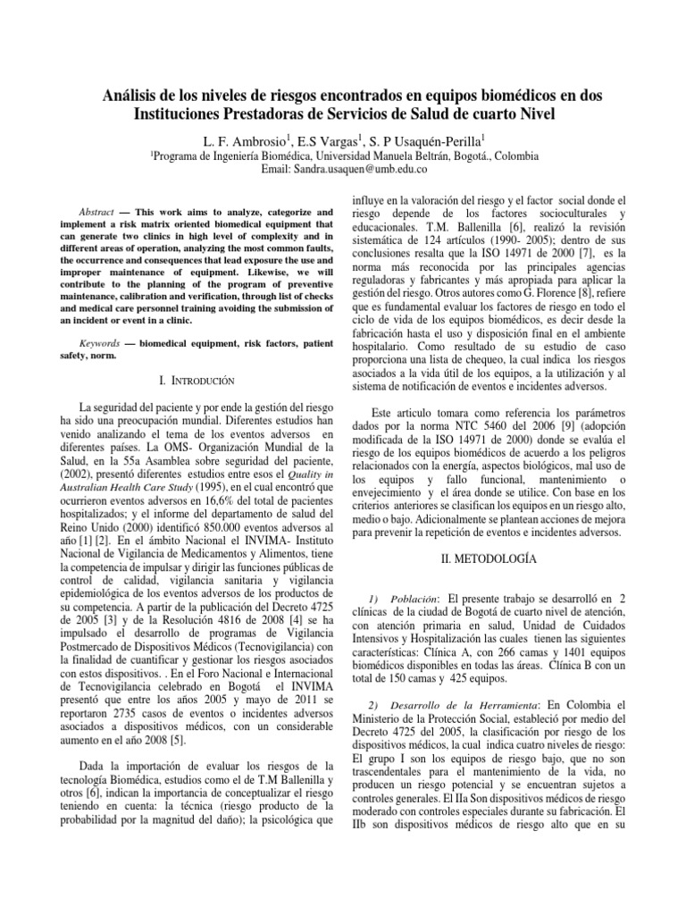 Análisis y clasificación de riesgos asociados a equipos biomédicos en dos clínicas de alto nivel ...