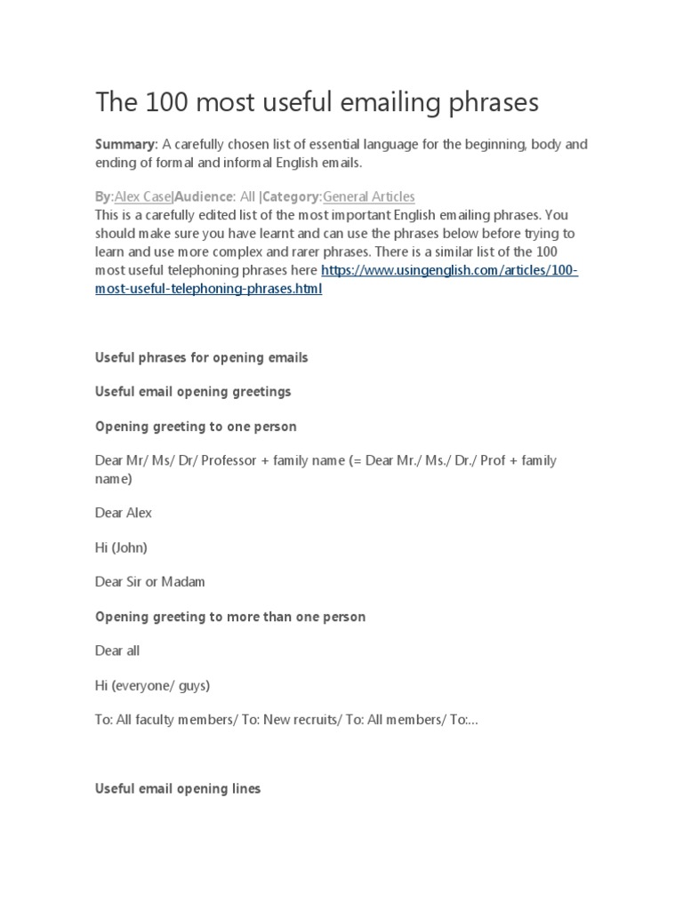 The 100 Most Useful Emailing Phrases | PDF