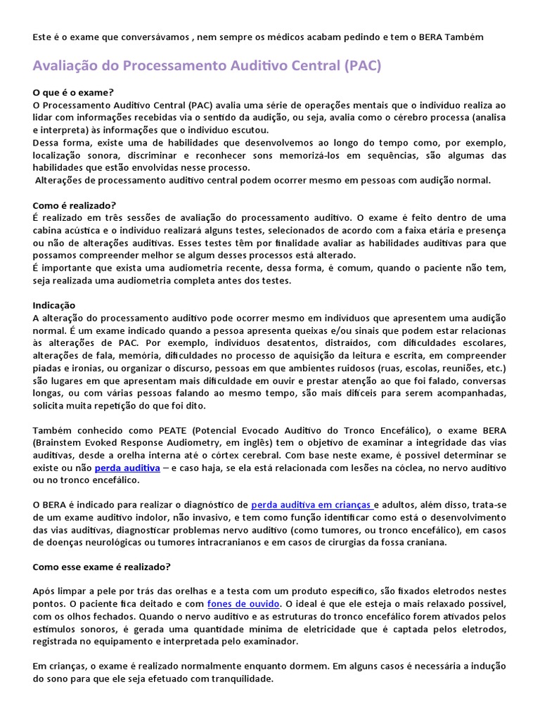Avaliação do Processamento Auditivo Central (PAC) e do exame BERA | PDF ...