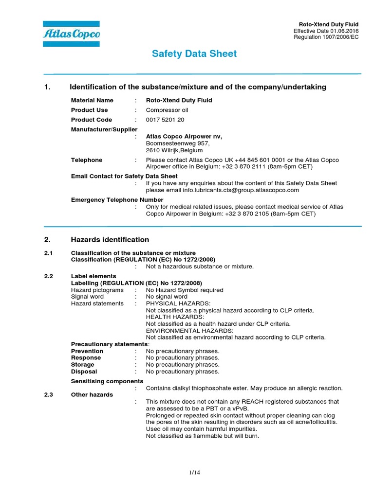 Atlas Copco - Roto Xtend Duty Fluid - SDS | PDF | Dangerous Goods ...