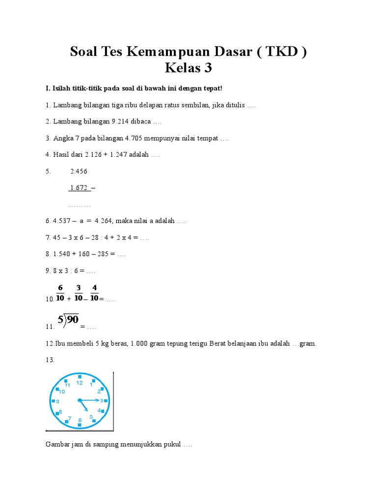Soal Tes Kemampuan Dasar Kelas 3 | PDF