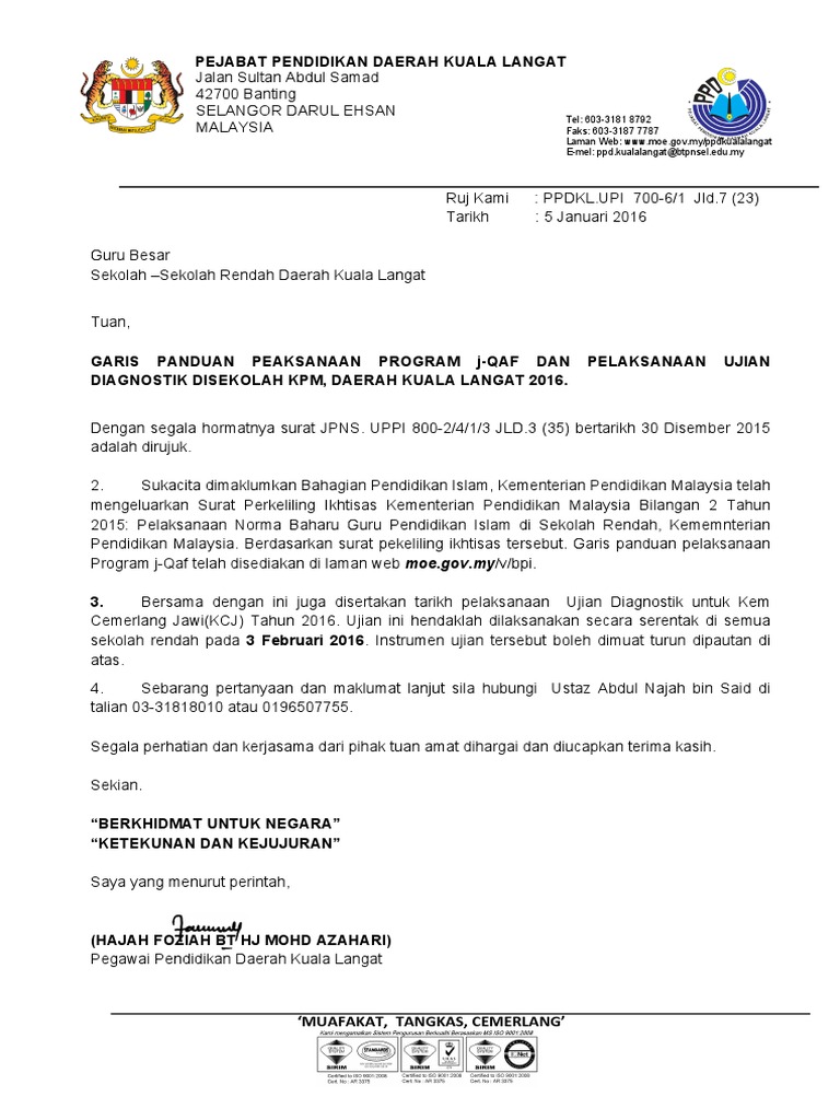 Surat Garis Panduan Pelaksanaan Program J-Qaf Dan Ujian Diagnostik Di ...