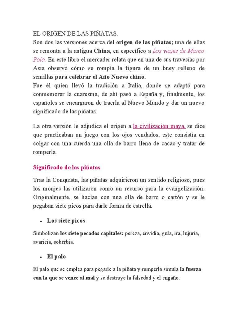 Hoja De Trabajo Sobre La Historia De La Piñata La Mayoría De La