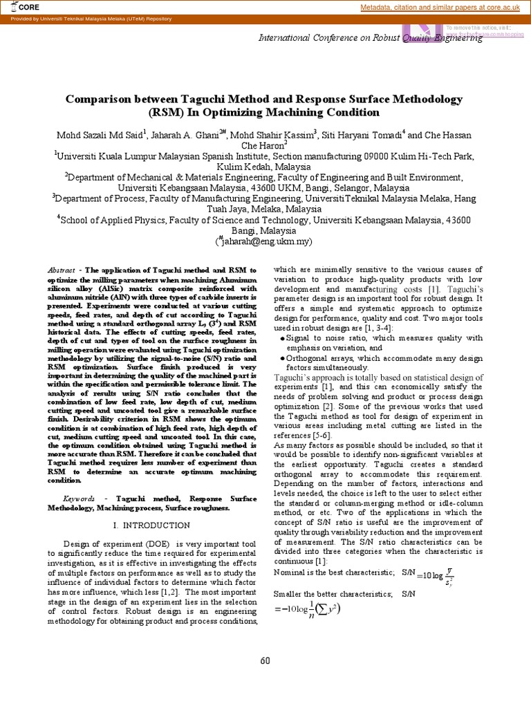 Comparison Between Taguchi Method And Response Surface Methodology