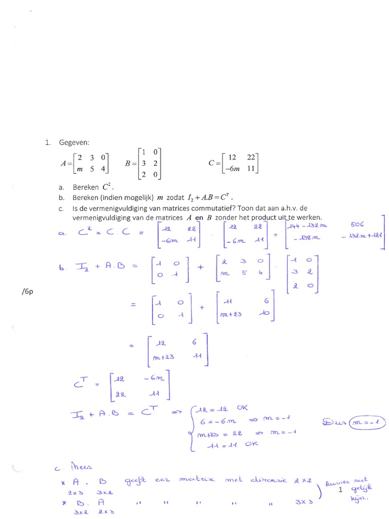 Toets Matrices-Rekenen Met Matrices-Verbetersleutel | PDF