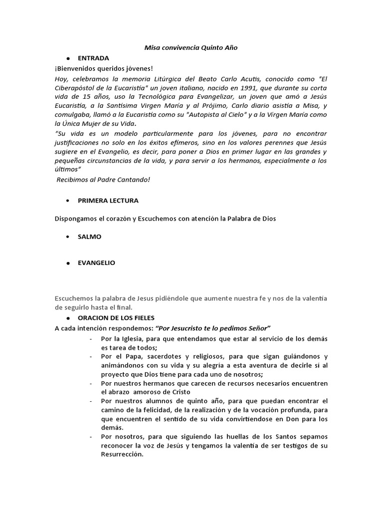 Guión Misa Martes 10 de Agosto de 2021 Con Segundo Año | PDF ...