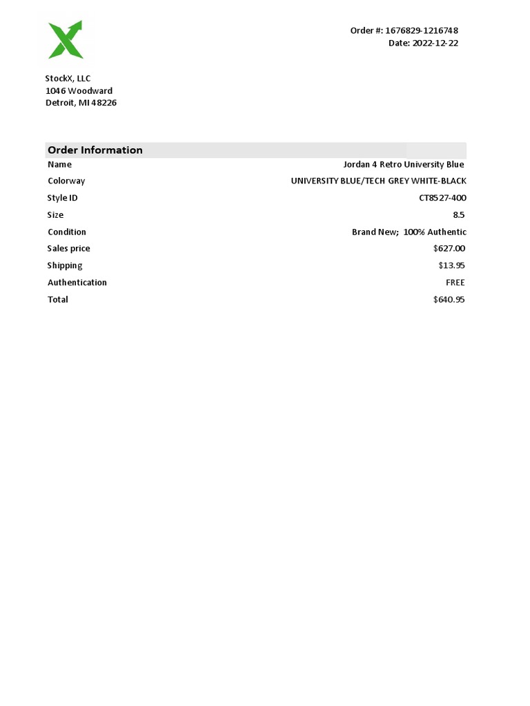 StockX Receipt for Jordan 4 Purchase | PDF
