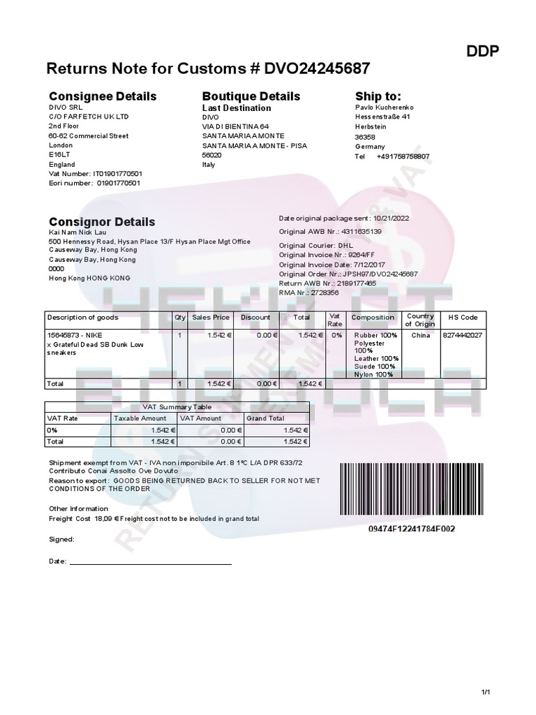 Farfetch Returns Note For 2 | PDF | Value Added Tax | Supply Chain ...