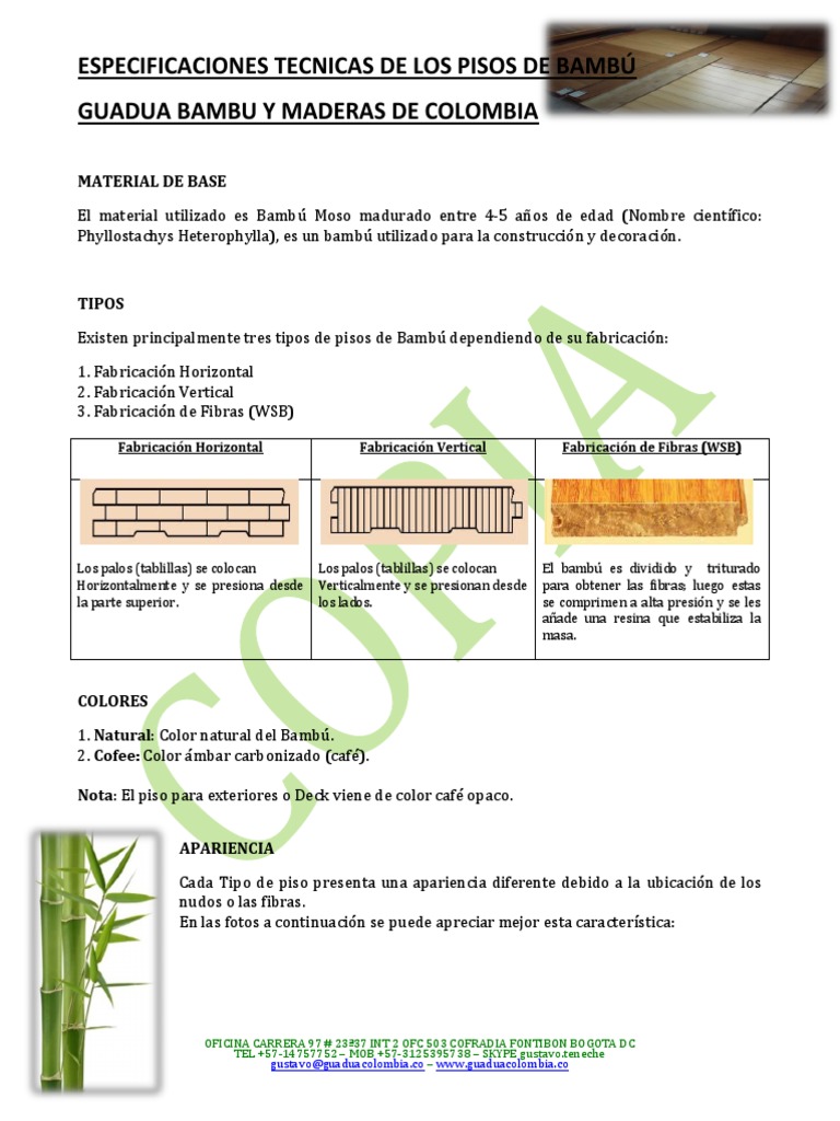 Especificaciones Tecnicas de Los Pisos de Bambú Guadua Bambu y Maderas de Colombia | PDF ...