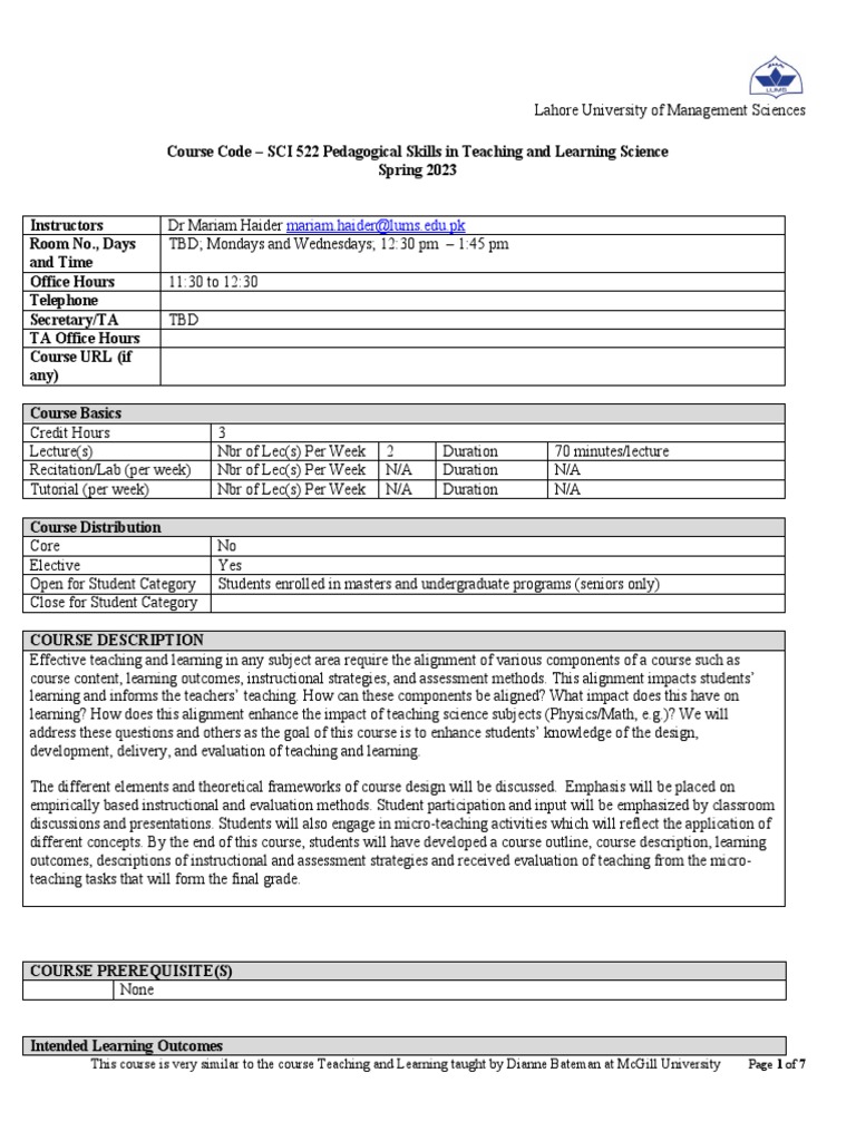 Course Outline - Pedagogical Skills in Teaching and Learning Science-SoE - Sse | PDF ...