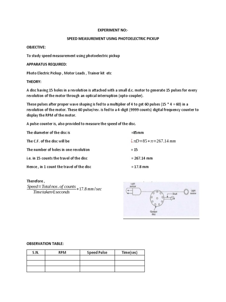 SPEED mEASUREMENT USING PHOTO ELECTRIC PICKUP | PDF