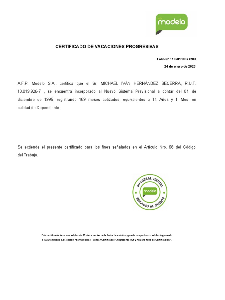 Certificado de Vacaciones Progresivas AFPModelo | PDF