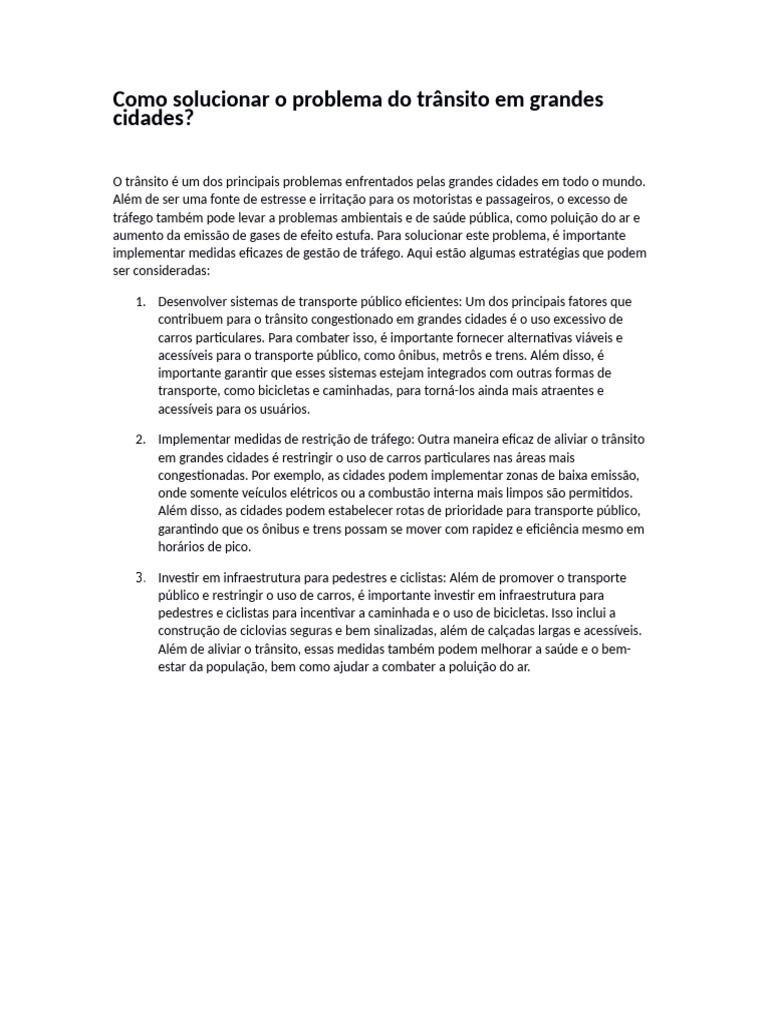 Como Solucionar o Problema Do Trânsito em Grandes Cidades | PDF