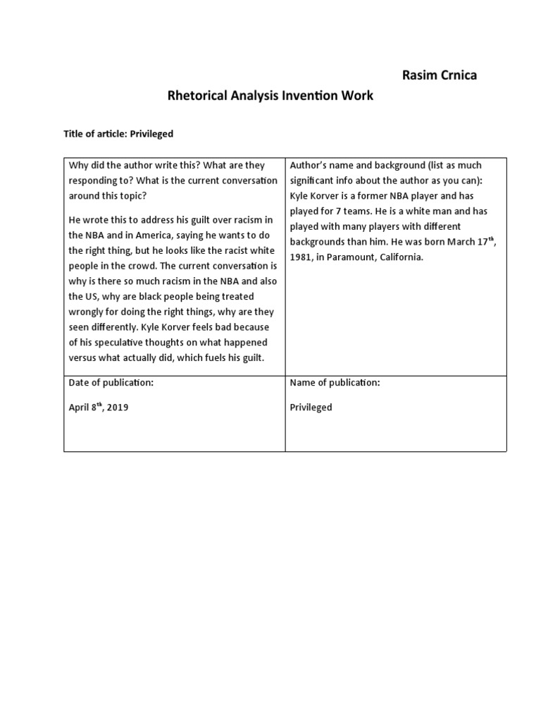 Rhetorical Analysis Invention Work | PDF