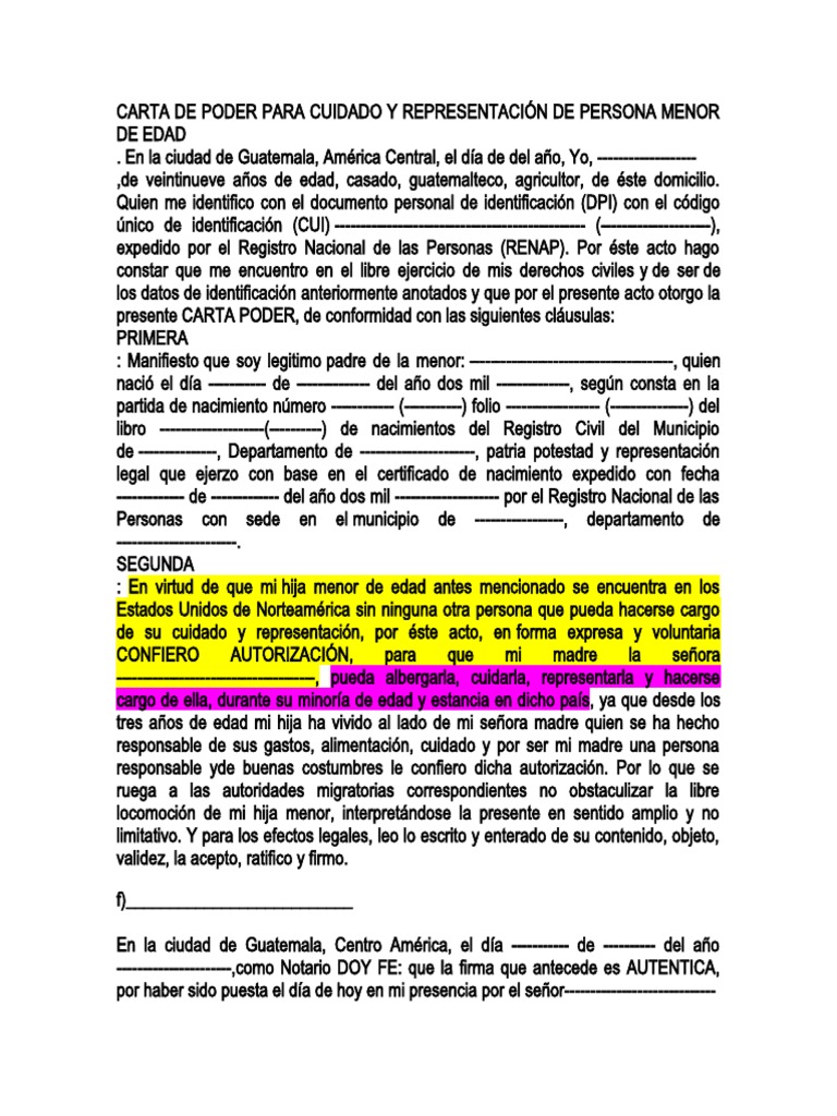 Carta de Poder para Cuidado y Representación de Persona Menor de Edad | PDF | Ciencias sociales ...