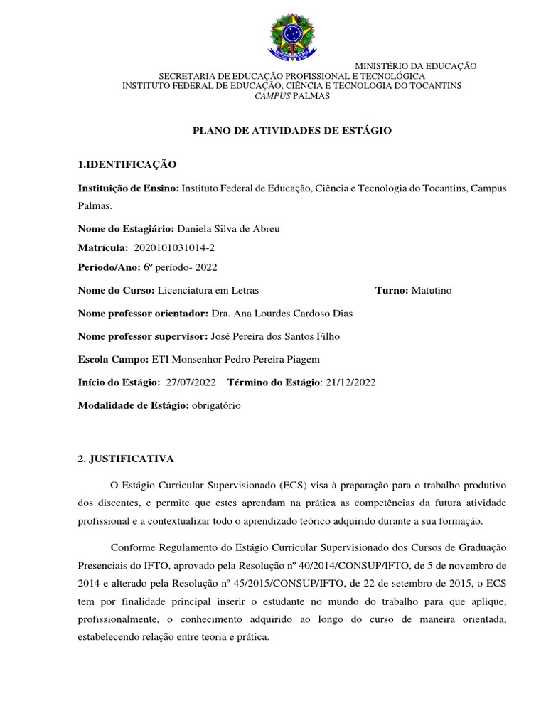 Plano de Estágio | PDF | Pedagogia | Desenvolvimento profissional