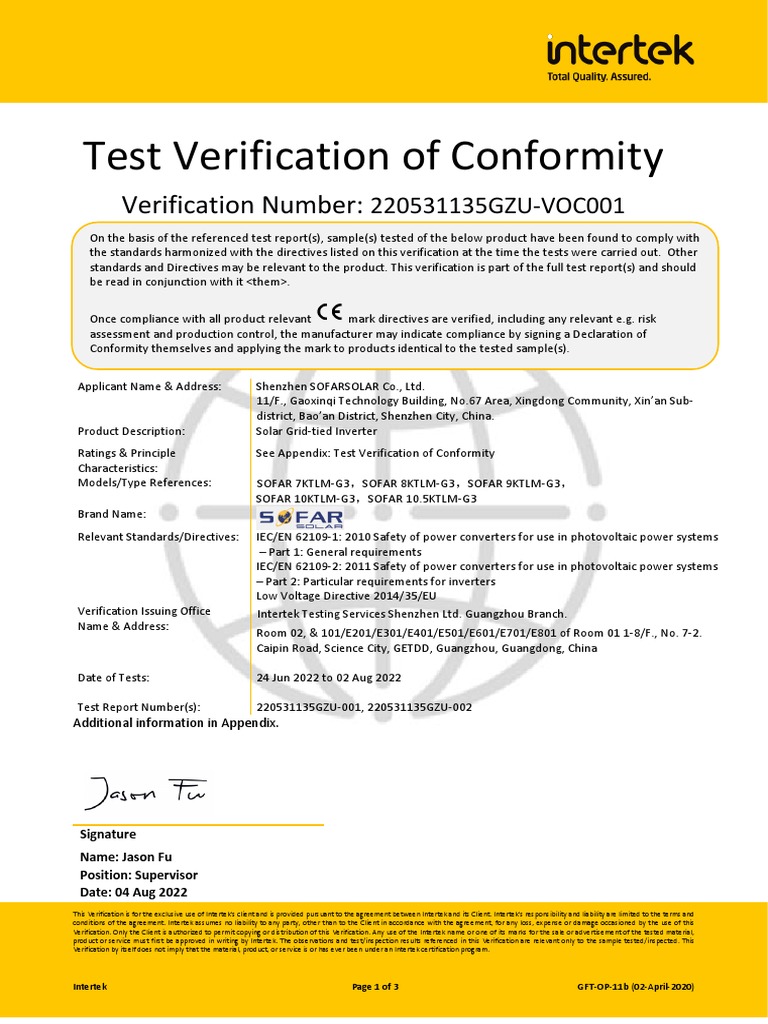 Certificado IEC 62109-1 SOFAR 10.5kW-G3 | PDF | Electrical Engineering ...