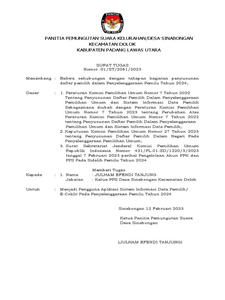 Format Surat Tugas PPK Dan Pps Sinabongan | PDF