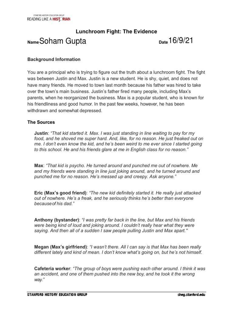 Lunchroom Fight: Investigating Evidence | PDF