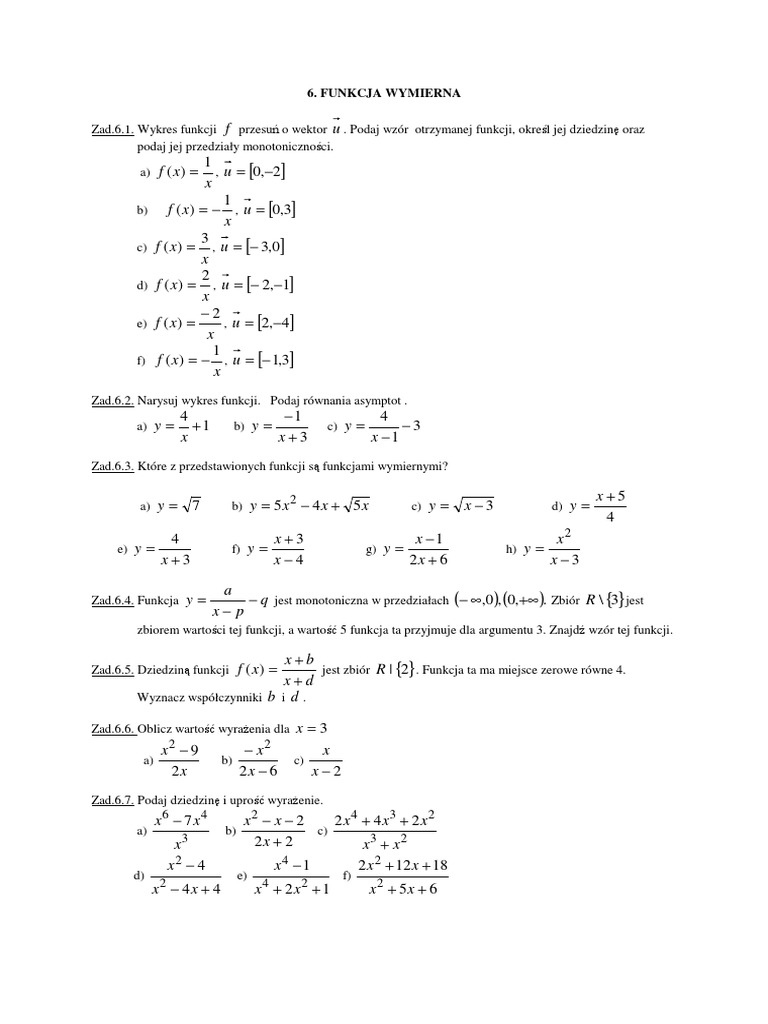 Funkcja Wymierna - Zadania | PDF