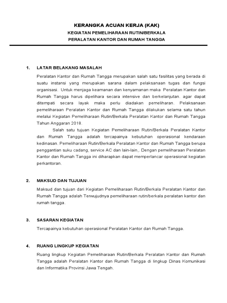 KAK Sekretariat - Pemeliharaan Peralatan Kantor Dan Rumah Tangga | PDF | Bisnis