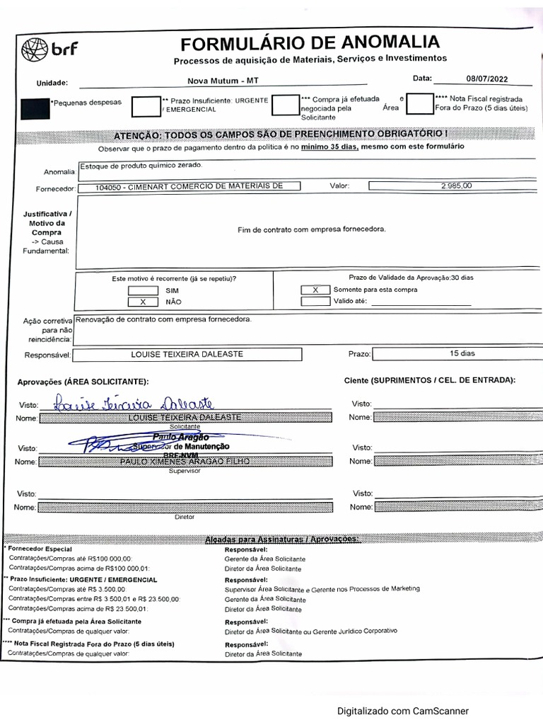 Formulário de Anomalia | PDF