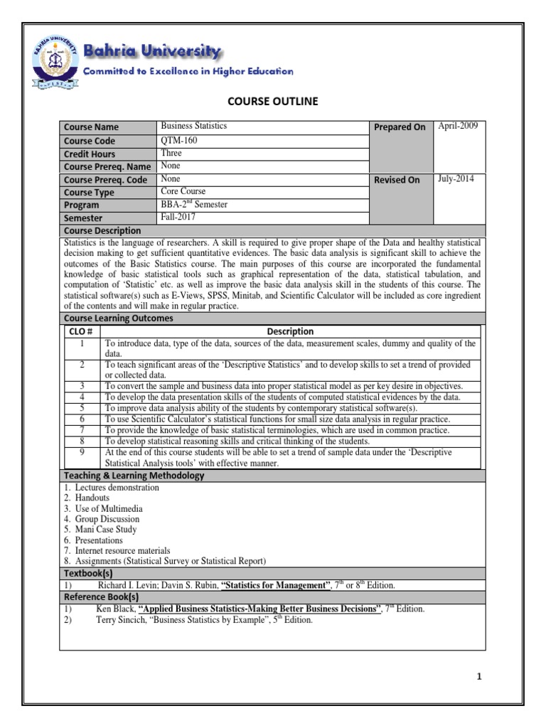 Business Statistics Course Outline Pdf Errors And Residuals