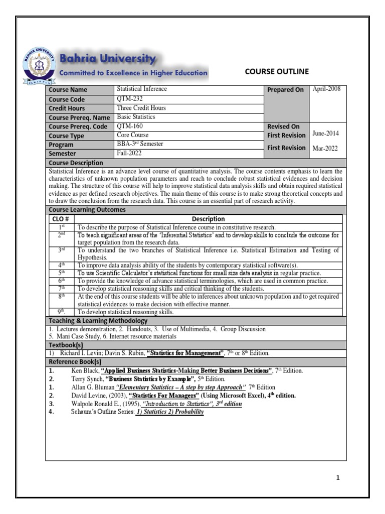 Course Outline Statistical Inference BBA QTM 232 30092022 081756am | PDF | Probability ...