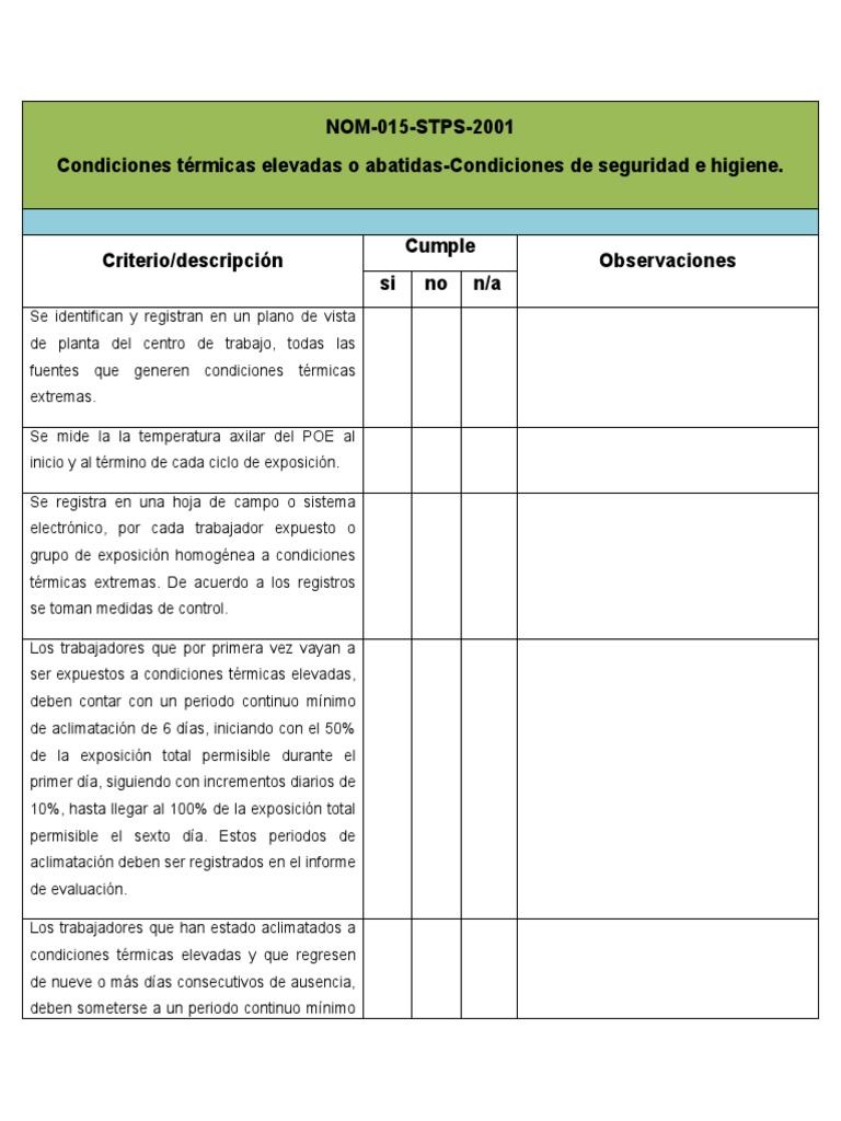 Lista de Verificación NOM 015, NOM 017, NOM 018 | PDF | Temperatura