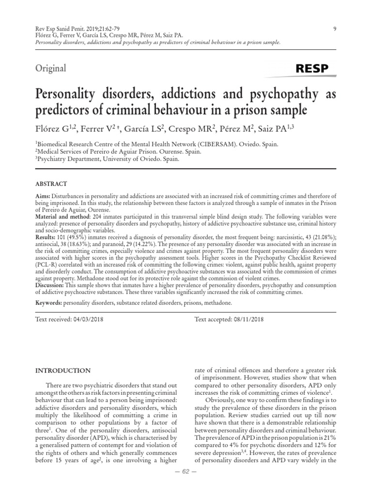 Relationship Between Personality Disorders, Addiction, Psychopathy and ...