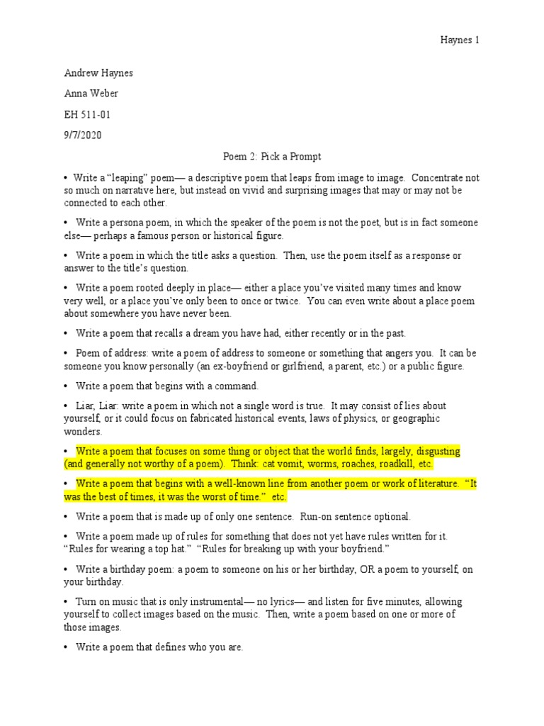 Creative Poem Prompts and Examples | PDF | Poetry