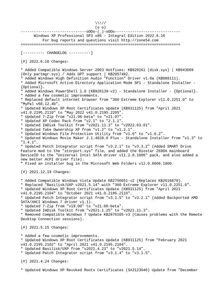 Changelog | PDF | Microsoft Windows | Windows Xp