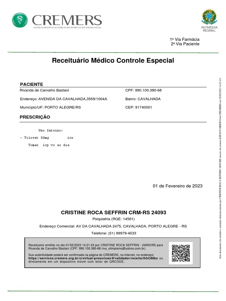 Receita médica para tratamento de ansiedade com Tolrest 50mg para ...