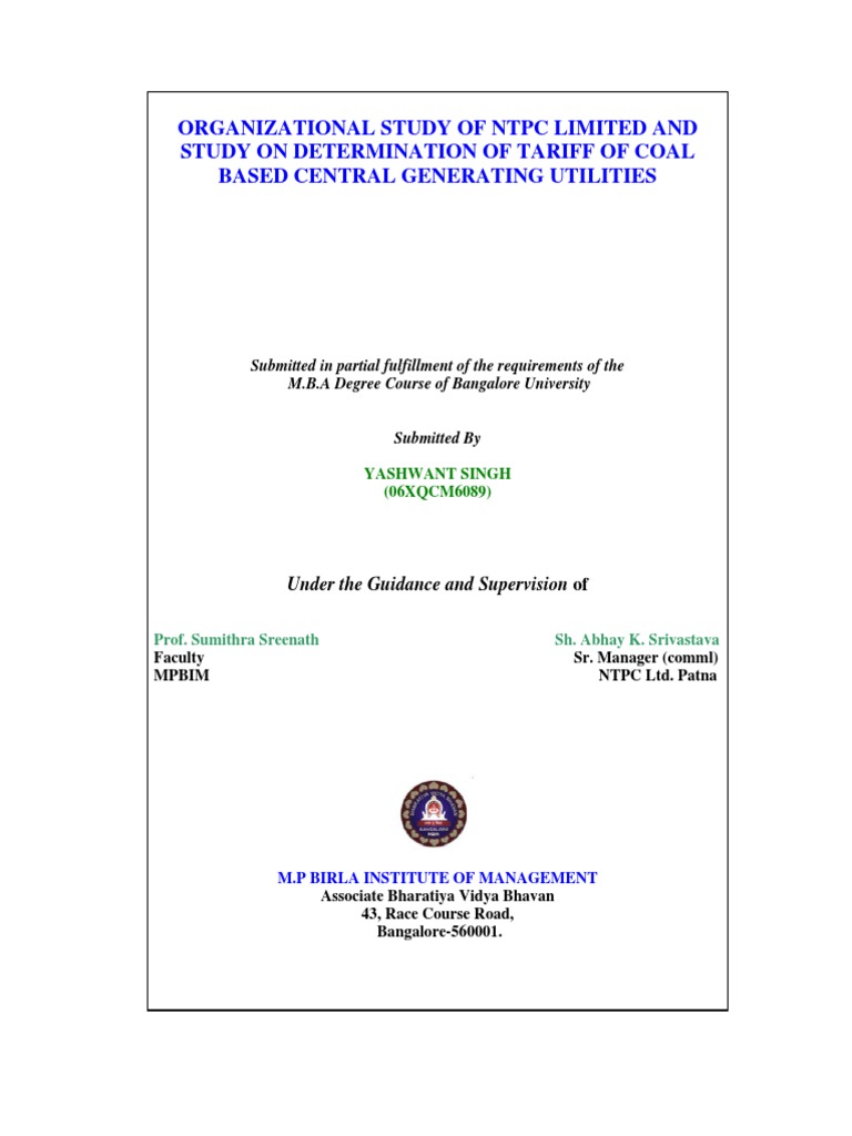 NTPC Organizational & Tariff Study | PDF | Employment | Banks