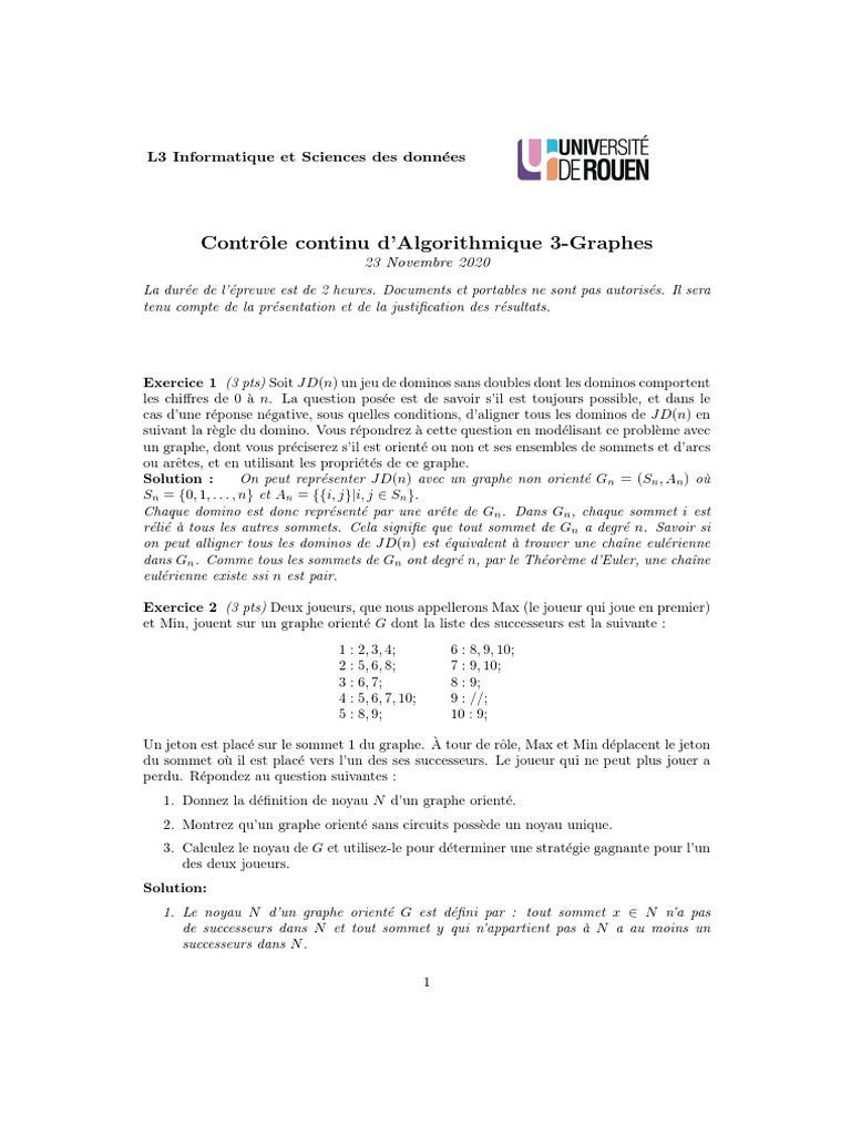 Contrôle continu en Algorithmique 3-Graphes | PDF | Théorie des graphes ...