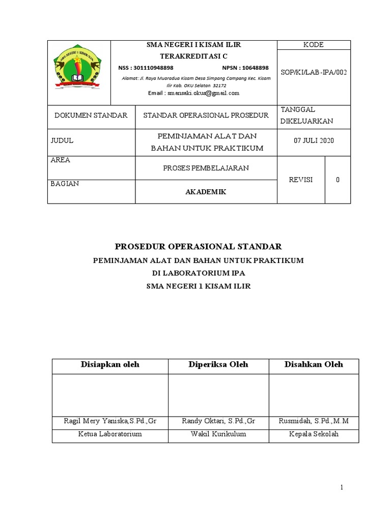 Prosedur Operasional Standar Peminjaman Alat dan Bahan untuk Praktikum di Laboratorium IPA SMA ...