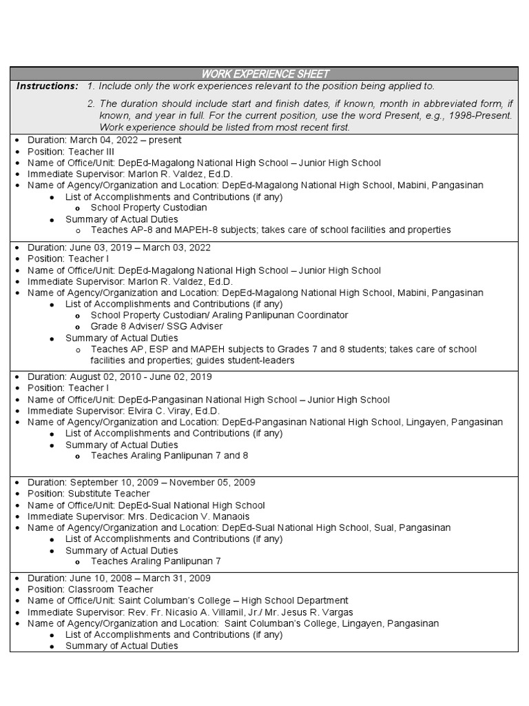 DepEd Work Experience Sheet 2025 | PDF | Learning | Behavior Modification