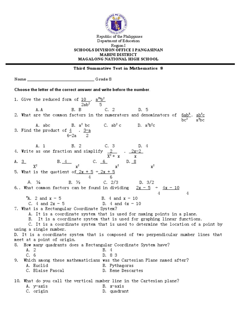 Math Third Summative Test | PDF | Cartesian Coordinate System ...
