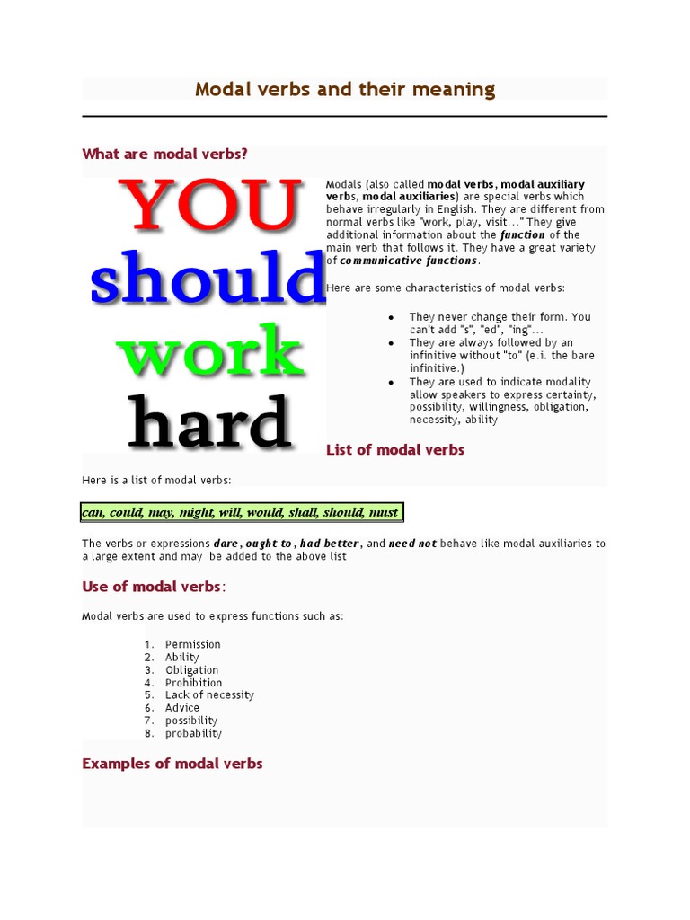 Modal Verbs 2 Meaning | PDF | Language Arts & Discipline