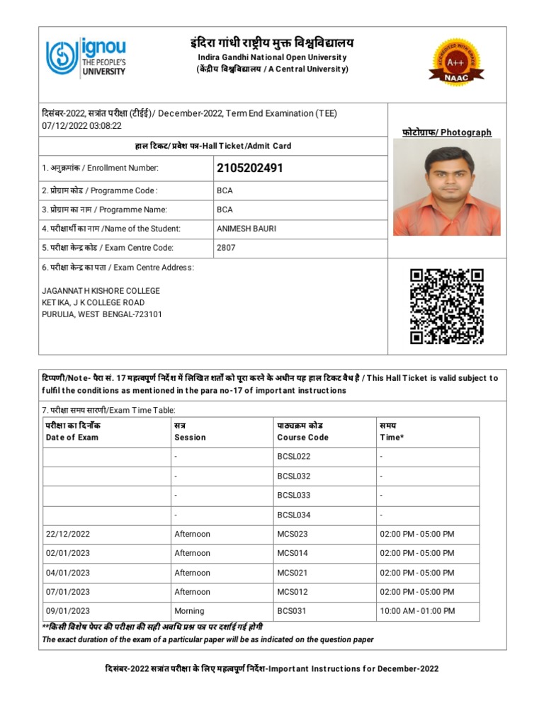 Ignou 3rd Semester Dec-2022 - Hall Ticket - Admit Card | PDF