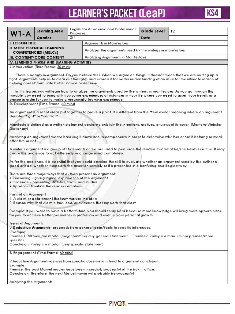 Q4 Applied Eapp 12 Week1-A | PDF | Argument | Logical Consequence