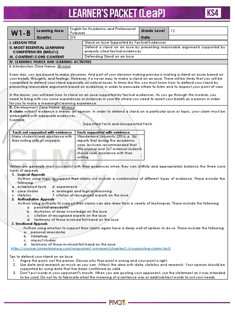 Q4 Applied Eapp 12 Week1-B | PDF | Evidence | Stress (Biology)