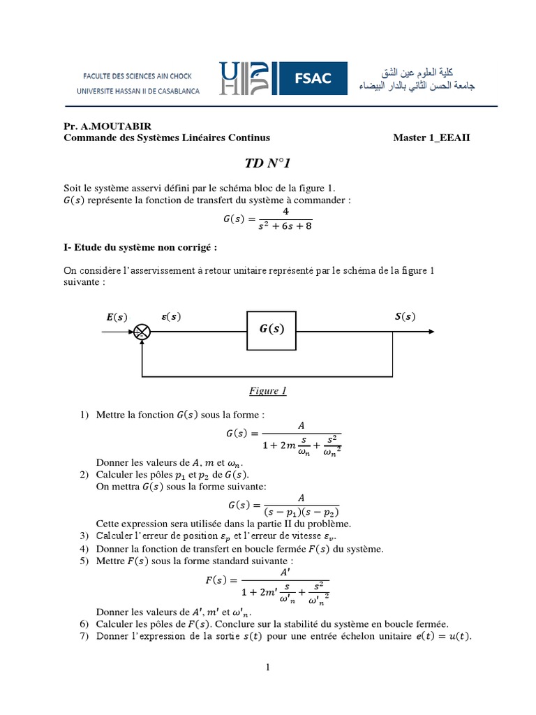 TD N°1 Commande Des Systèmes Linéaires Continus M1 | PDF ...