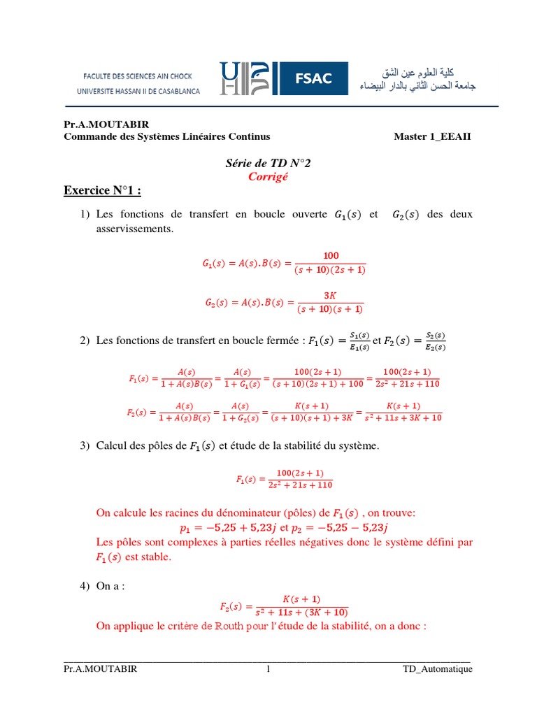 TD N°2 Commande Des Systèmes Linéaires Continus M1 Corrigé | Descargar gratis PDF ...