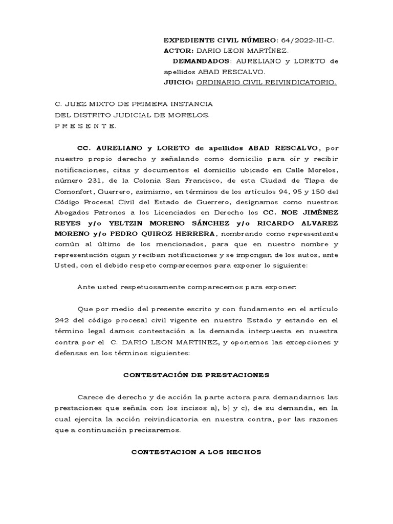 Contestacion de Lic. Salvador Martinez | PDF | Derecho | Hogar ...