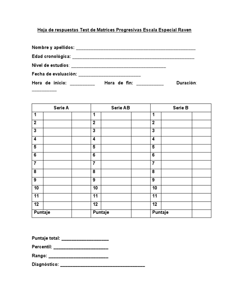 Hoja de Respuestas Test de Matrices Progresivas Escala Especial Raven | PDF